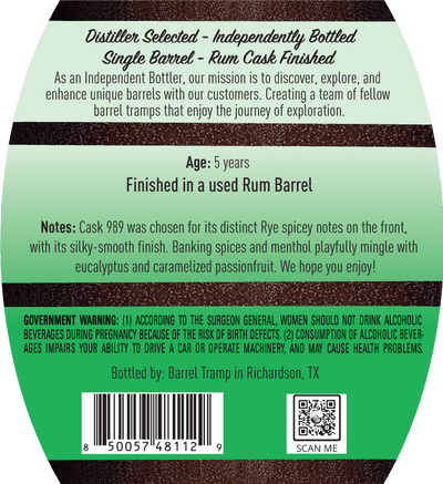Barrel Tramp Rye Whiskey Finished in Rum Cask Single Barrel Cask Strength